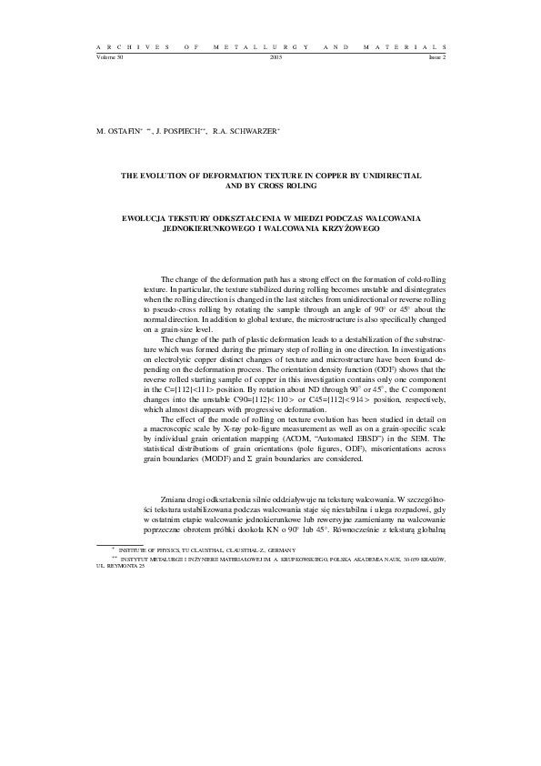 Pdf The Evolution Of Deformation Texture In Copper By Unidirectial And By Cross Roling
