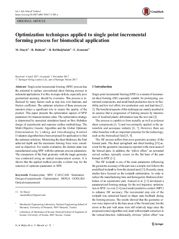 Pdf Optimization Techniques Applied To Single Point Incremental