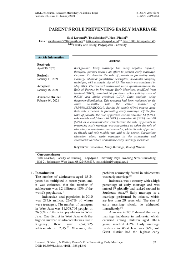 (PDF) Parent's Role Preventing Early Marriage | Tetti Solehati ... (PDF) Parent's Role Preventing Early Marriage | Tetti Solehati ...
