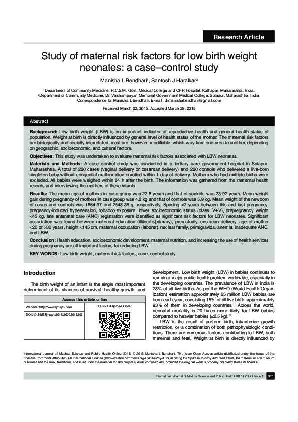 (PDF) Study of maternal risk factors for low birth weight neonates: a ...