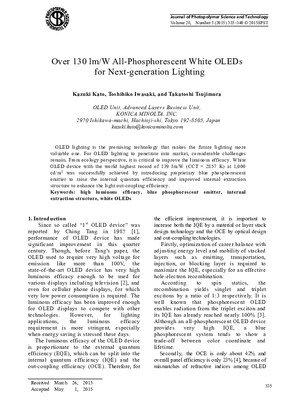 (PDF) Over 130 lm/W All-Phosphorescent White OLEDs for Next-generation ...