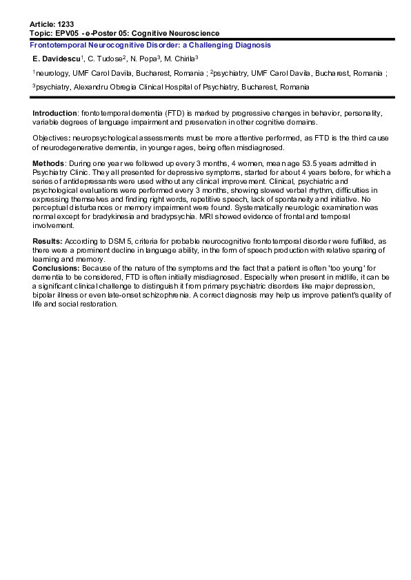 (PDF) Frontotemporal Neurocognitive Disorder: a Challenging Diagnosis
