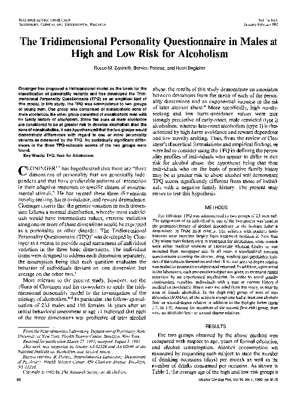 (PDF) The Tridimensional Personality Questionnaire in Males at High and ...