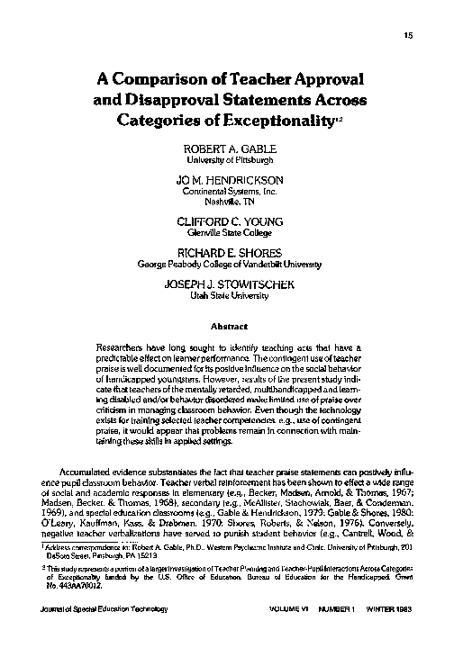 (PDF) A Comparison of Teacher Approval and Disapproval Statements ...