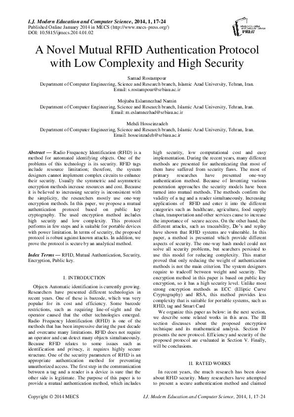 (PDF) A Novel Mutual RFID Authentication Protocol with Low Complexity and High Security
