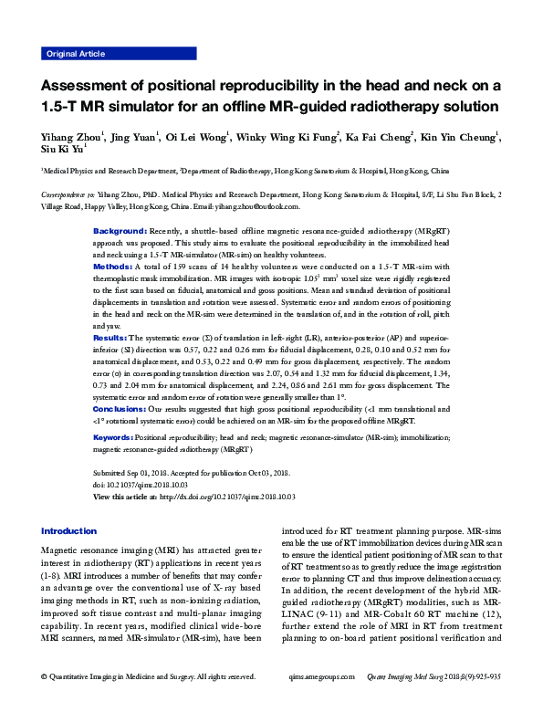 (PDF) Assessment of positional reproducibility in the head and neck on ...