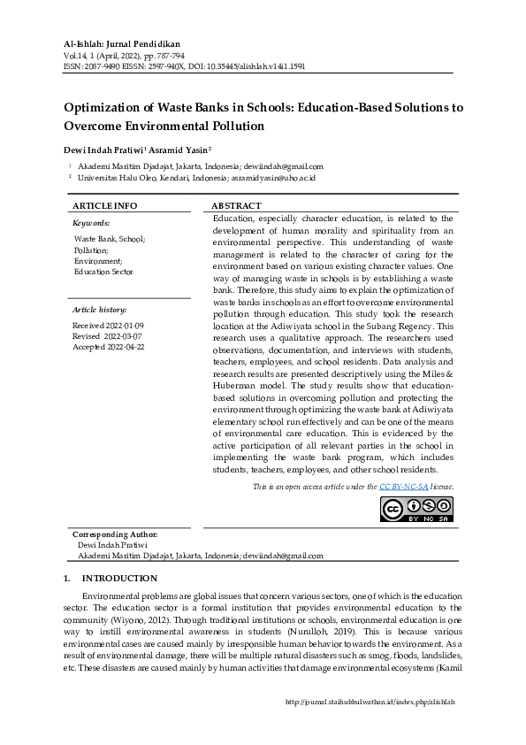 (PDF) Optimization of Waste Banks in Schools: Education-Based Solutions ...