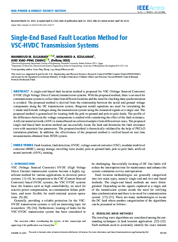 (PDF) Single-End Based Fault Location Method for VSC-HVDC Transmission Systems | mahmoud ...