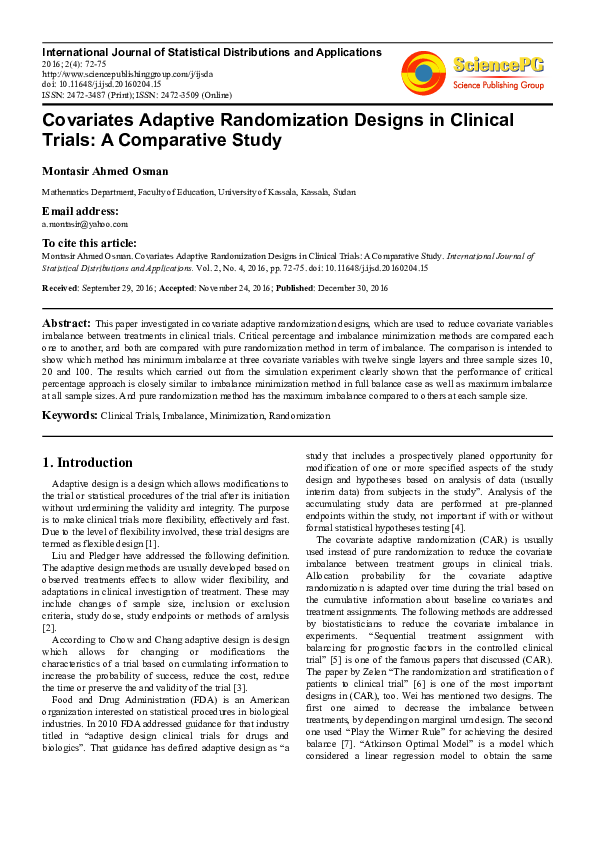 (PDF) Covariates Adaptive Randomization Designs in Clinical Trials: A ...