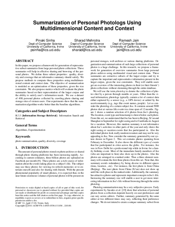 Pdf Summarization Of Personal Photologs Using Multidimensional Content And Context