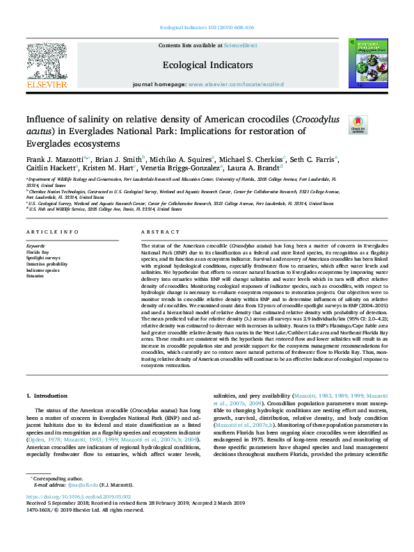 (PDF) Influence of salinity on relative density of American crocodiles ...