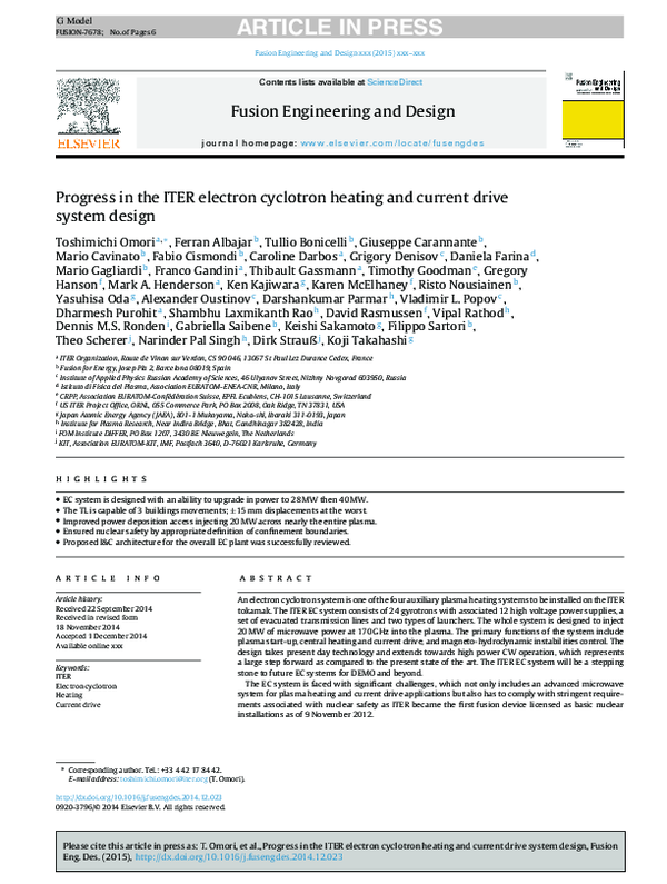 (PDF) Progress in the ITER electron cyclotron heating and current drive system design | Mario ...