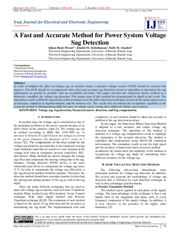 Pdf A Fast And Accurate Method For Power System Voltage Sag Detection