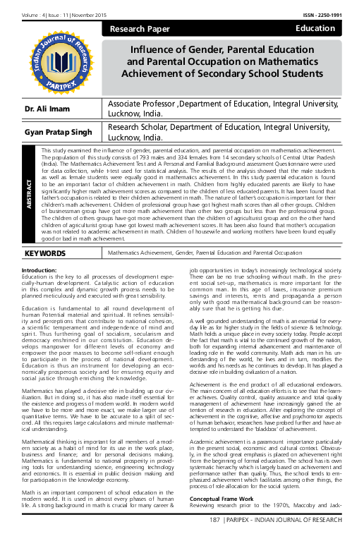 (PDF) Influence of Gender, Parental Education and Parental Occupation ...