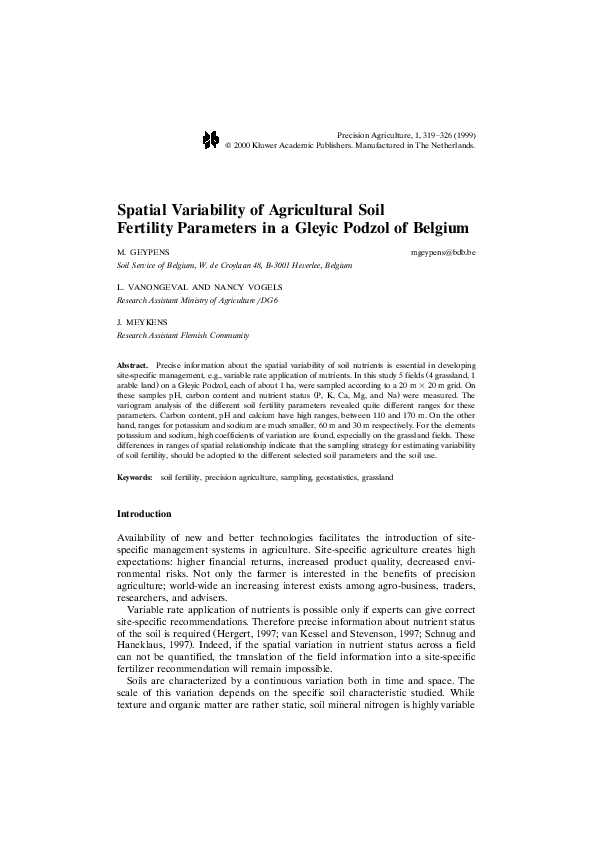 (PDF) Spatial Variability of Agricultural Soil Fertility Parameters in a Gleyic Podzol of Belgium