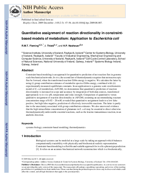 (PDF) Quantitative assignment of reaction directionality in constraint-based models of ...