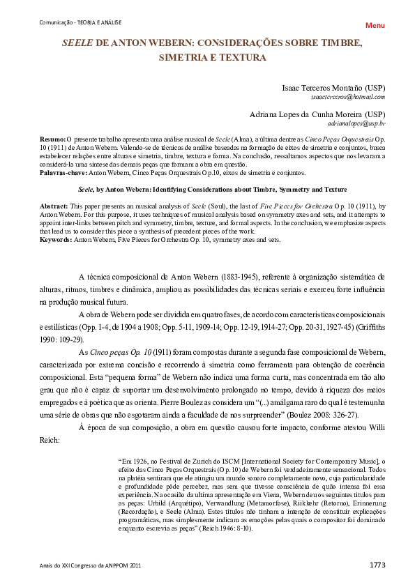 (PDF) Seele de Anton Webern: considerações sobre timbre, simetria e ...
