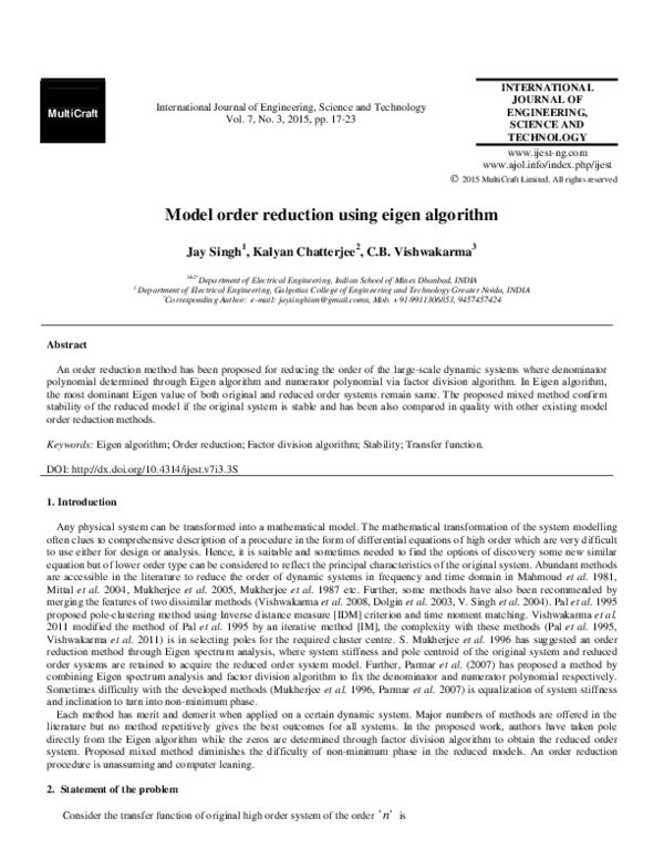 (PDF) Model order reduction using eigen algorithm