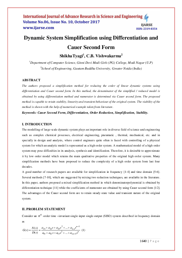 Pdf Dynamic System Simplification Using Differentiation And Cauer Second Form