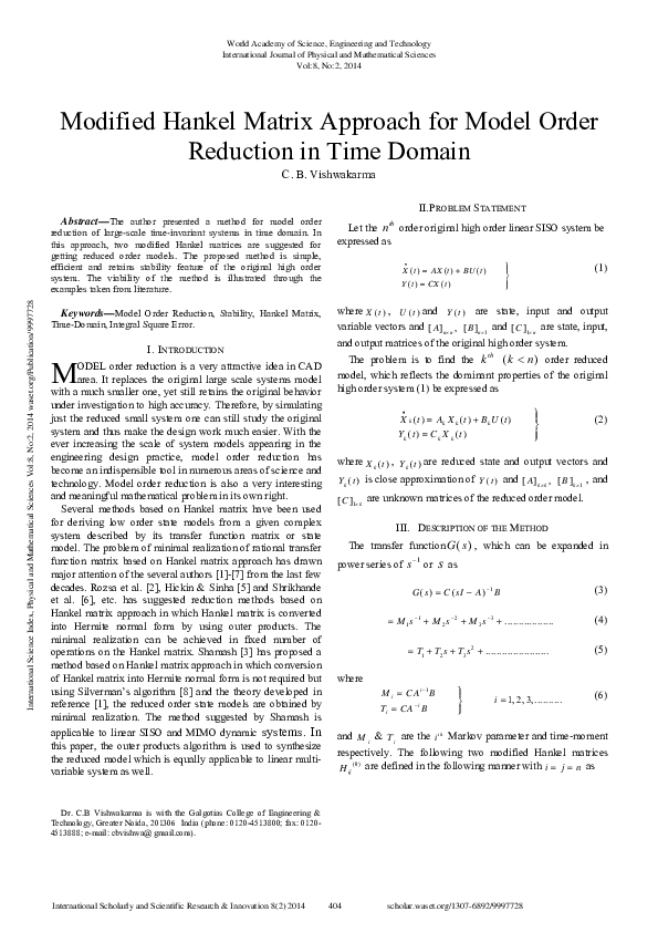 (PDF) Modified Hankel Matrix Approach For Model Order Reduction In Time Domain