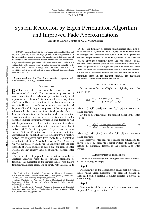 Pdf System Reduction By Eigen Permutation Algorithm And Improved Pade Approximations