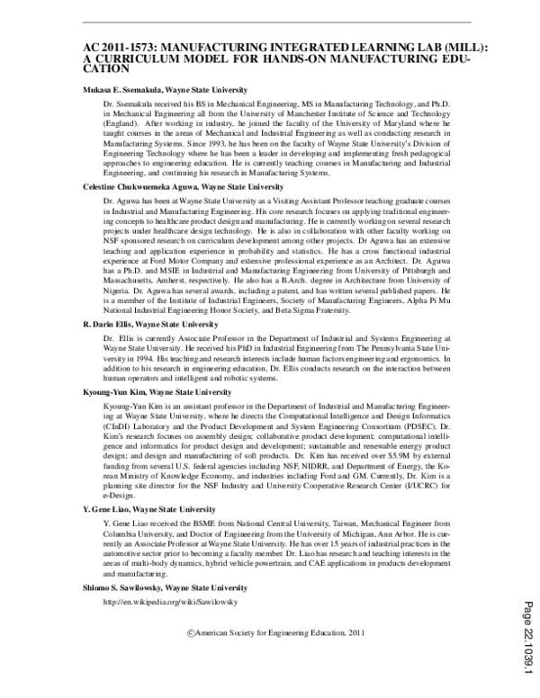 (PDF) Manufacturing Integrated Learning Lab (MILL): A Curriculum Model ...