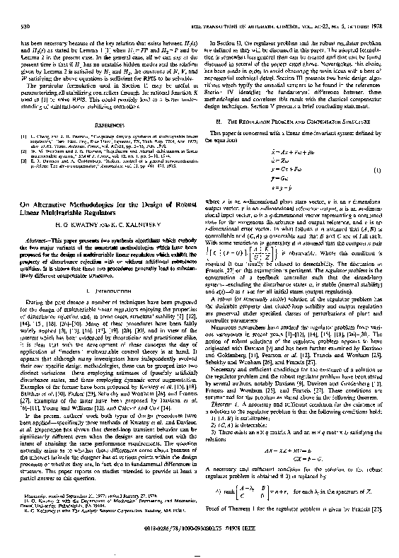 (PDF) On alternative methodologies for the design of robust linear multivariable regulators