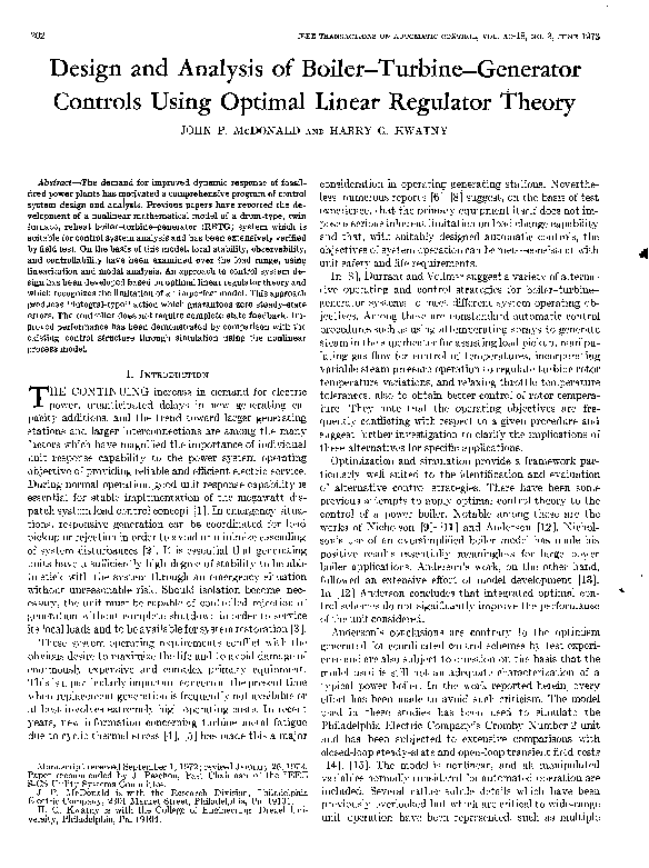 (PDF) Design and analysis of boiler-turbine-generator controls using optimal linear regulator theory