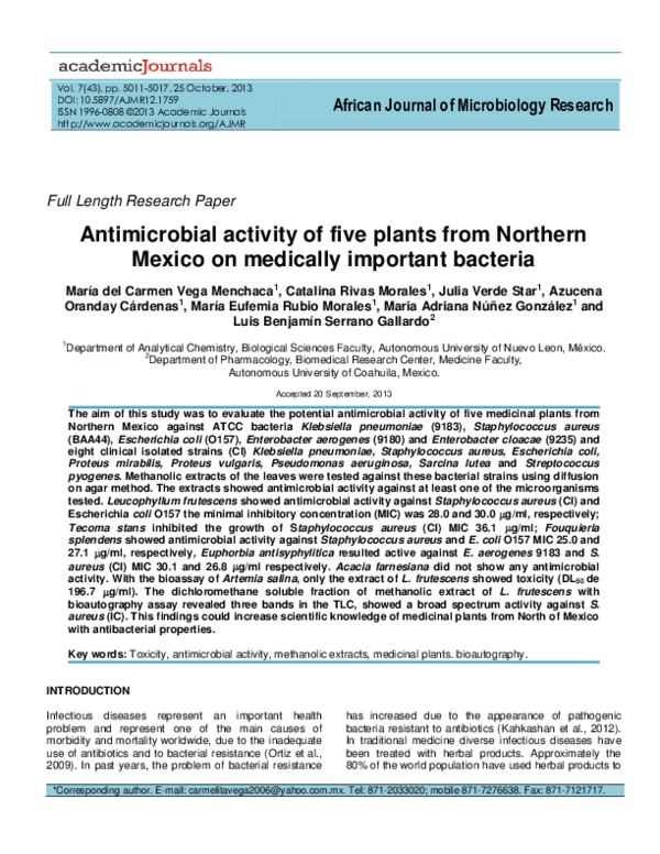 (PDF) Antimicrobial activity of five plants from Northern Mexico on ...