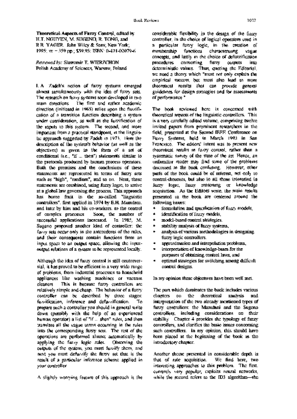 (PDF) Theoretical aspects of fuzzy control | Slawomir Wierzchon - Academia.edu