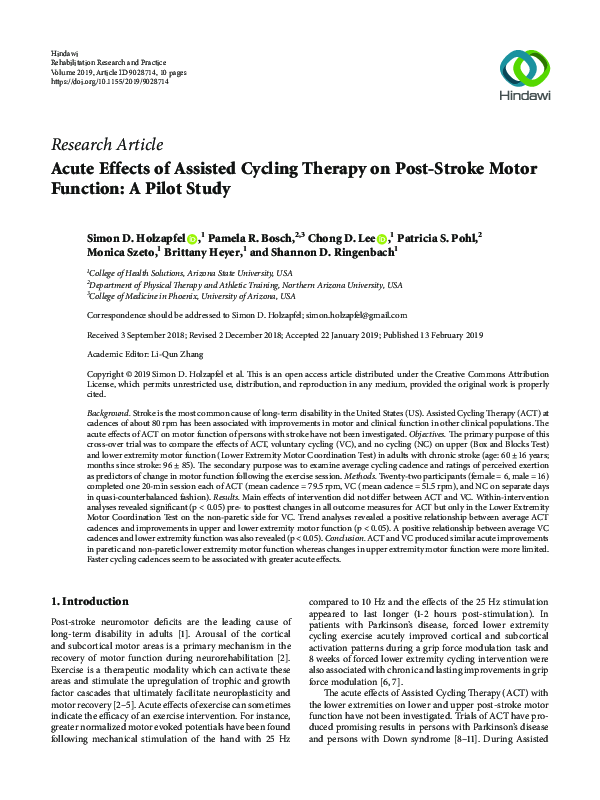 (PDF) Acute Effects of Assisted Cycling Therapy on Post-Stroke Motor ...