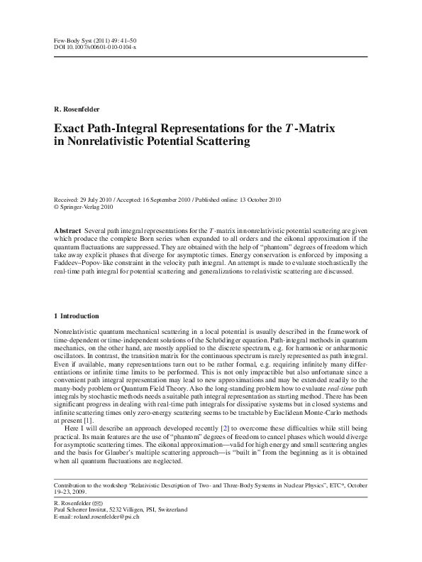 (PDF) Exact Path-Integral Representations for the T-Matrix in Nonrelativistic Potential Scattering