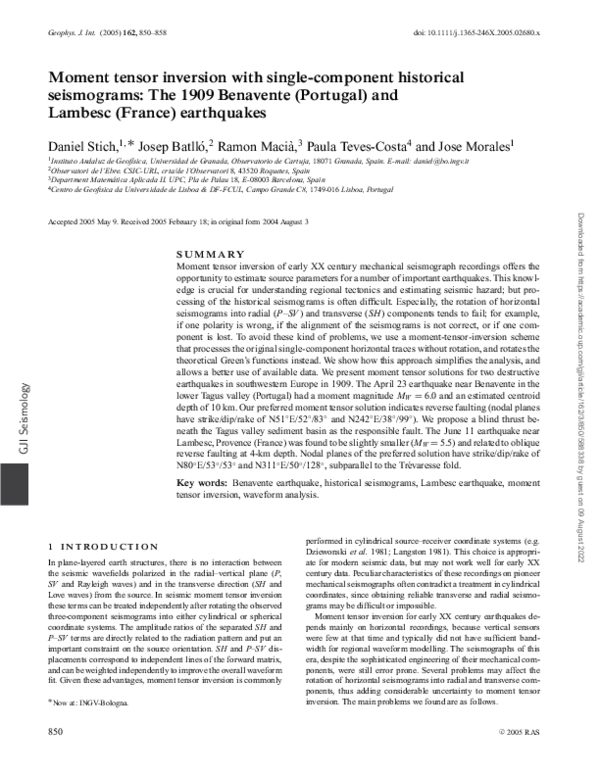 (PDF) Moment tensor inversion with single-component historical ...