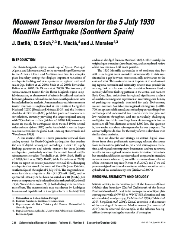 (PDF) Moment Tensor Inversion for the 5 July 1930 Montilla Earthquake ...