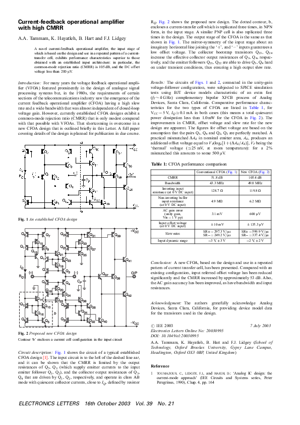(PDF) Current-feedback operational amplifier with high CMRR (PDF) Current-feedback operational amplifier with high CMRR