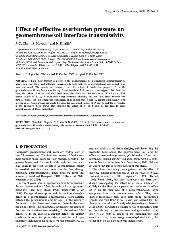 (PDF) Effect of effective overburden pressure on geomembrane/soil ...