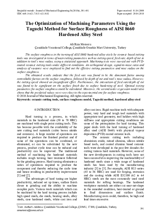 Pdf The Optimization Of Machining Parameters Using The Taguchi Method