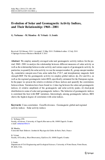 (PDF) Evolution of Solar and Geomagnetic Activity Indices, and Their Relationship: 1960 – 2001