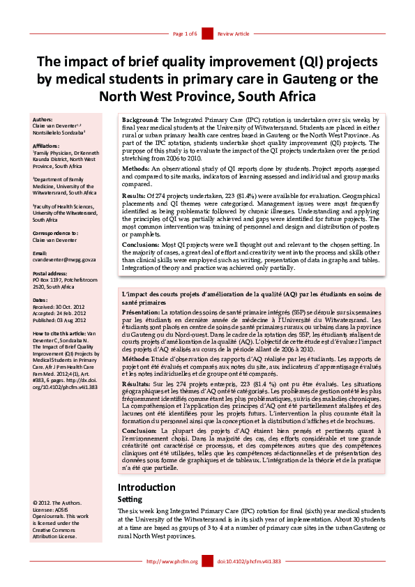 (PDF) The impact of brief quality improvement (QI) projects by medical ...