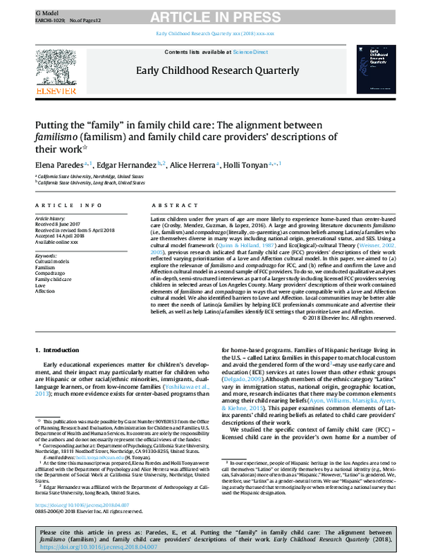 (PDF) Putting the “family” in family child care: The alignment between ...