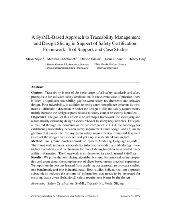 (PDF) A SysML-based approach to traceability management and design slicing in support of safety ...