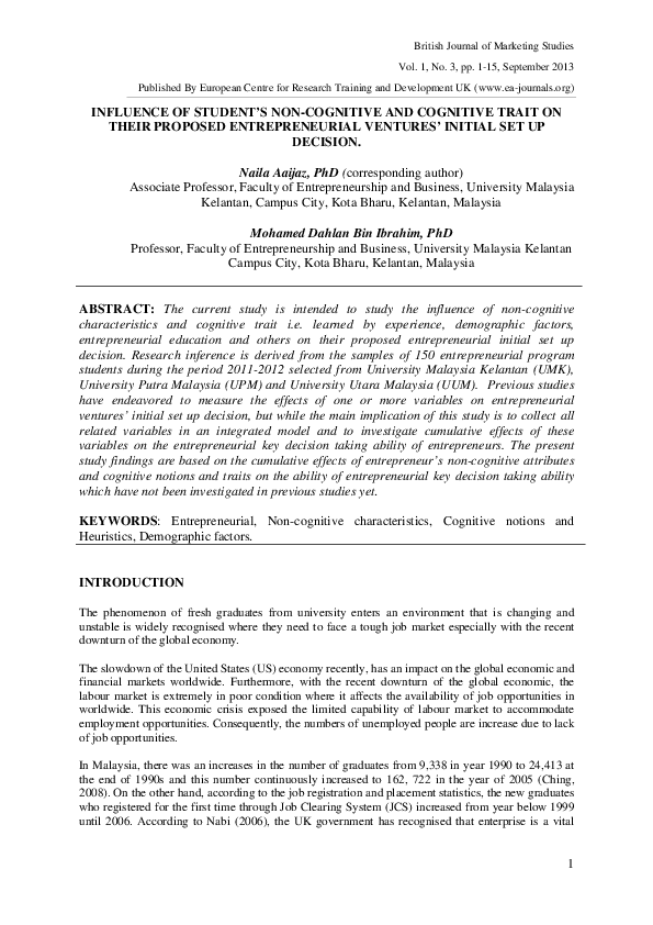 (PDF) Influence of Student's Non-Cognitive and Cognitive Trait on Their ...