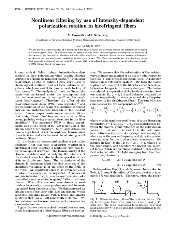 Pdf Nonlinear Filtering By Use Of Intensity Dependent Polarization Rotation In Birefringent Fibers
