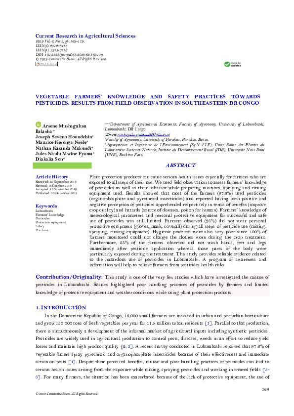 (PDF) Vegetable Farmers Knowledge and Safety Practices towards Pesticides: Results from Field ...