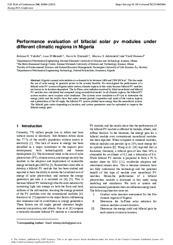 (PDF) Performance evaluation of bifacial solar PV modules under ...