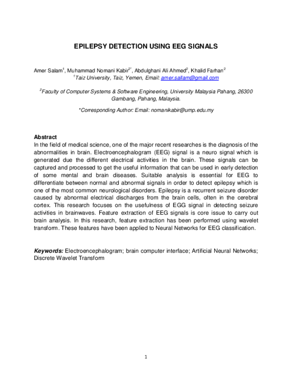 Pdf Epilepsy Detection Using Eeg Signals Salam Amer