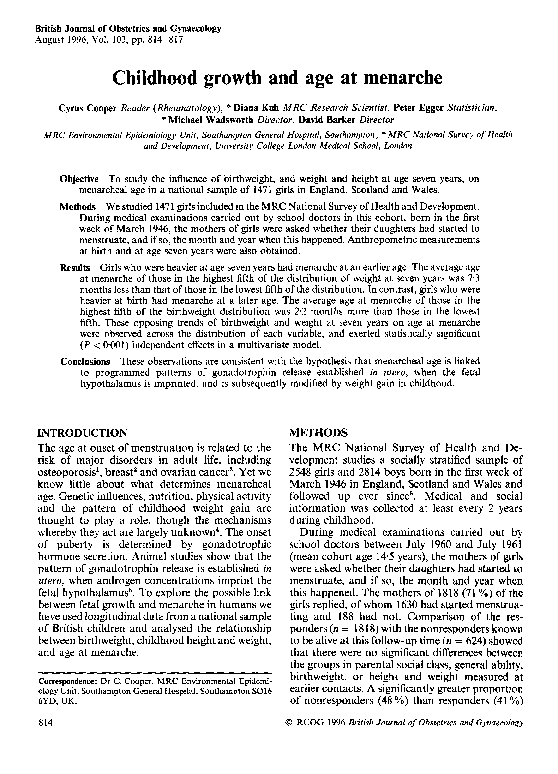 (PDF) Childhood growth and age at menarche