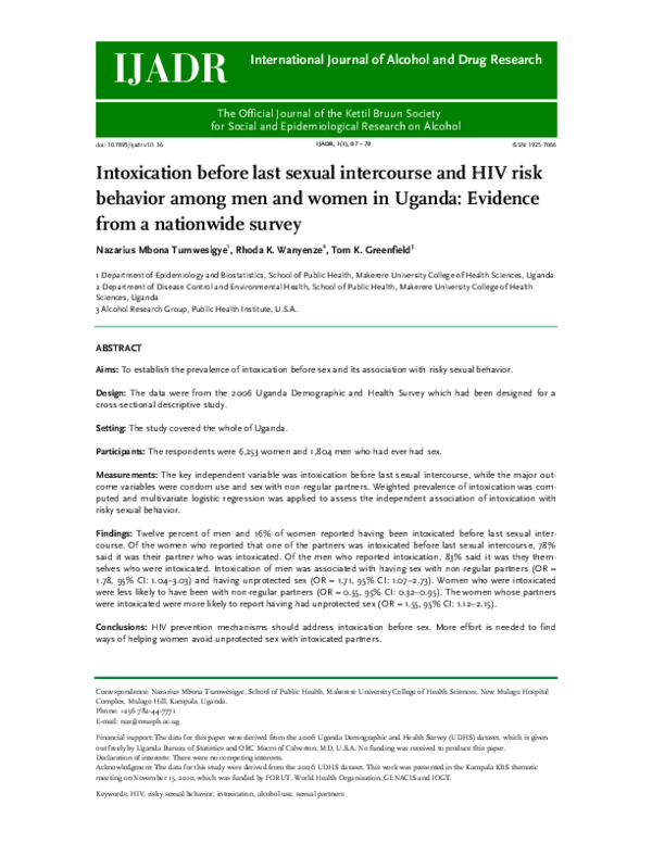 Pdf Intoxication Before Last Sexual Encounter And Hiv Risk Behavior