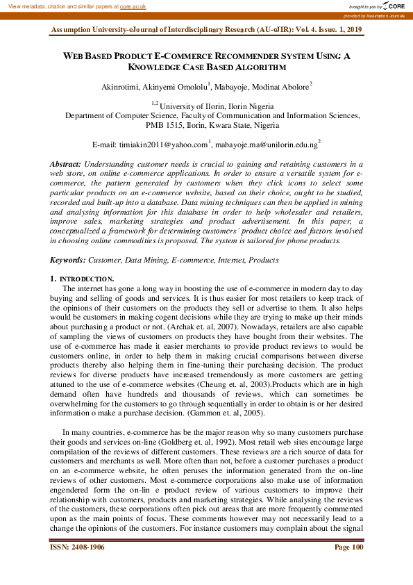 Pdf Web Based Product E Commerce Recommender System Using A Knowledge Case Based Algorithm