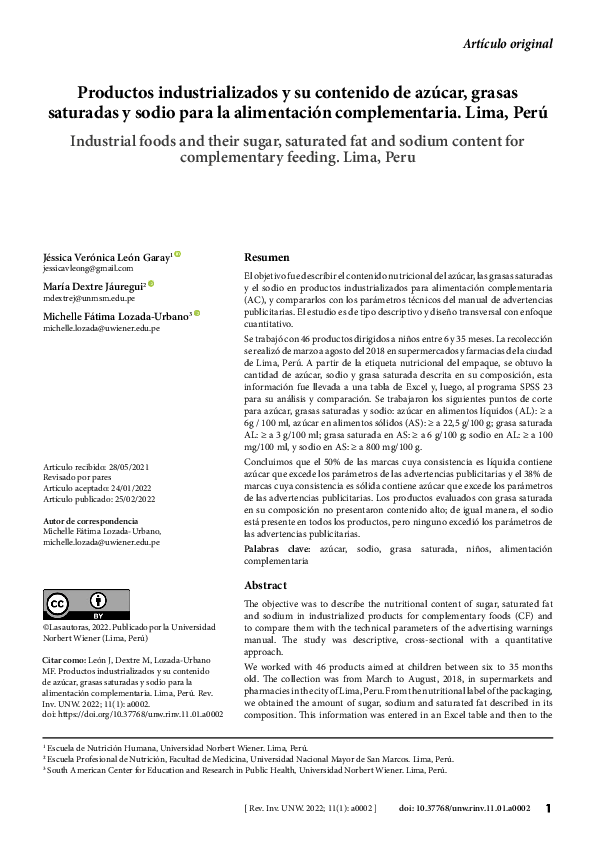 (PDF) Productos industrializados y su contenido de azúcar, grasas saturadas y sodio para la ...